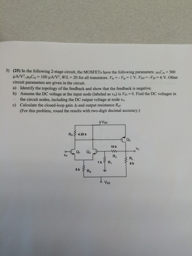 Solved In the following 2-stage circuit, the MOSFETs have | Chegg.com