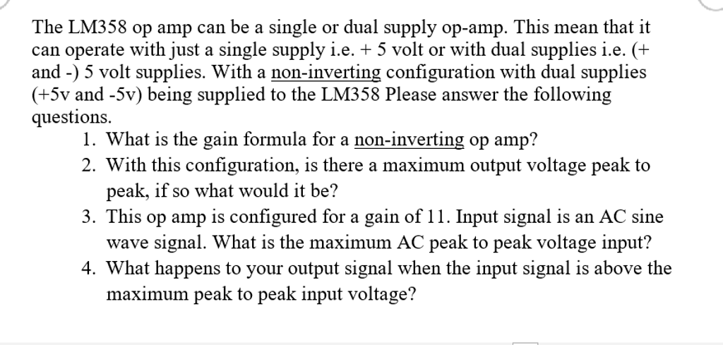 Solved The LM358 op amp can be a single or dual supply | Chegg.com