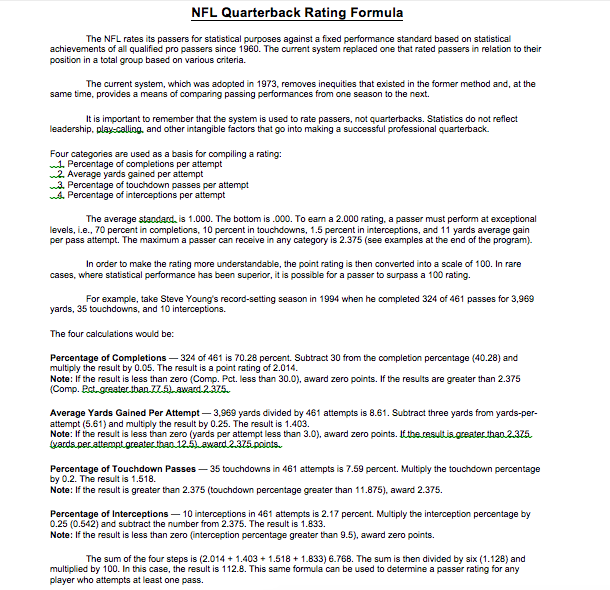 Solved NFL Quarterback Rating Formula The NFL rates its | Chegg.com