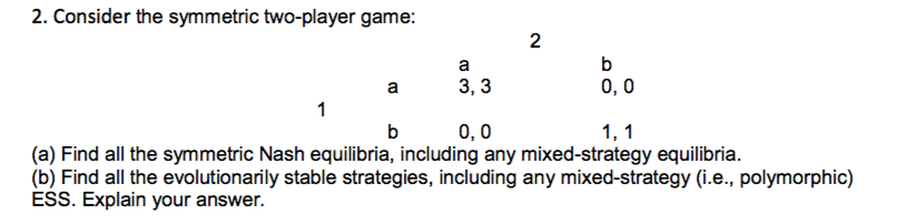 Solved 2. Consider the symmetric two-player game: 2 a 3, 3 | Chegg.com