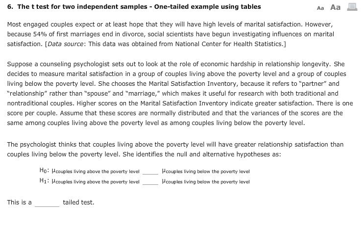 Solved 6. The t test for two independent samples One-tailed | Chegg.com