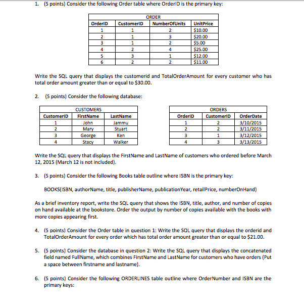 Solved 1. (5 points) Consider the following Order table | Chegg.com