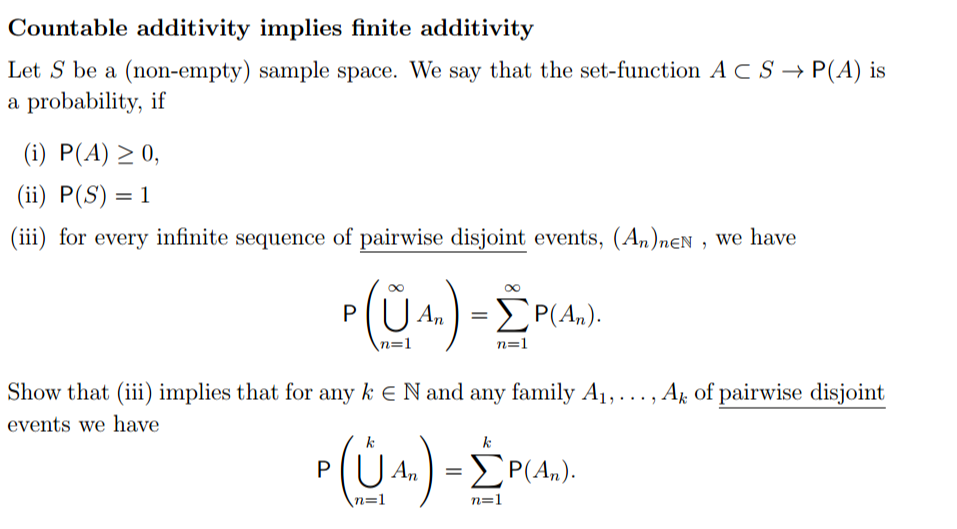 Solved Countable additivity implies finite additivity Let S | Chegg.com