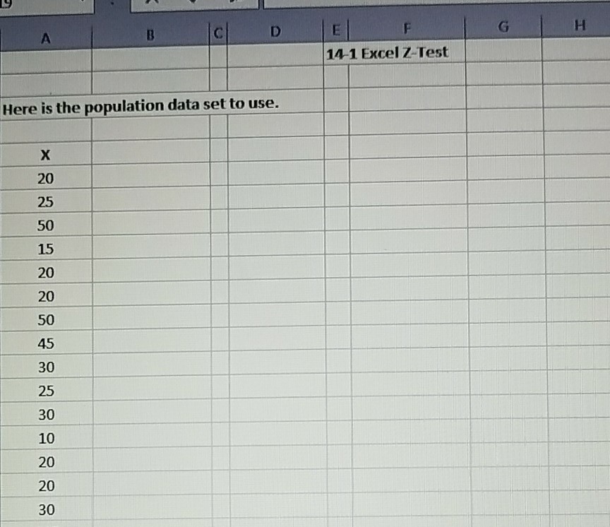 Solved 14-1 Excel Z-Test Here is the population data set to | Chegg.com