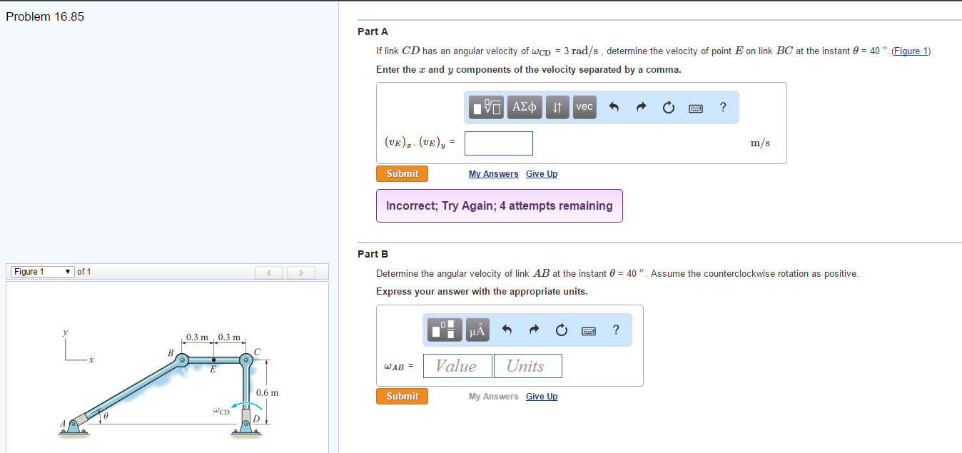 Solved Problem 16.85 Part A If link CD has an angular | Chegg.com