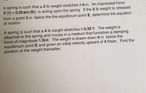 Solved A spring is such that a 2 lb weight stretches it 6 | Chegg.com