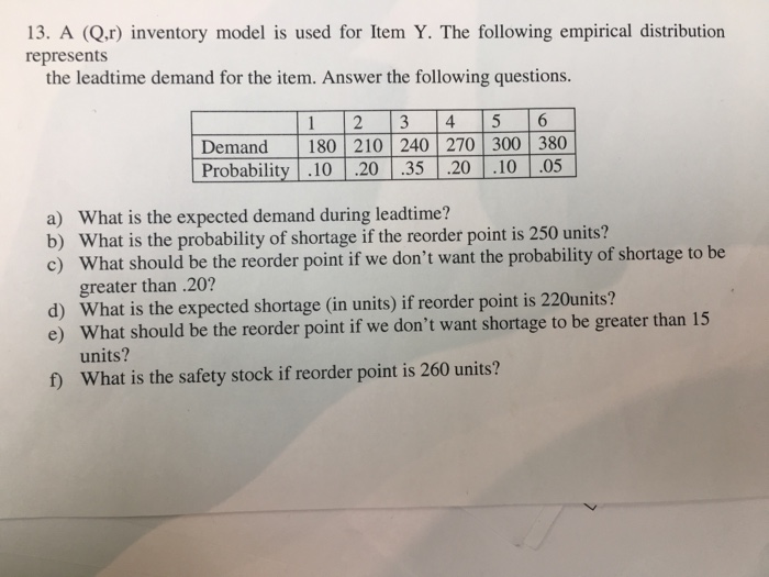 Solved A (Q, r) inventory model is used for Item Y. The | Chegg.com