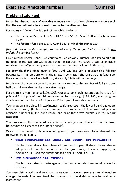Solved Exercise 2: Amicable numbers 50 marks Problem | Chegg.com