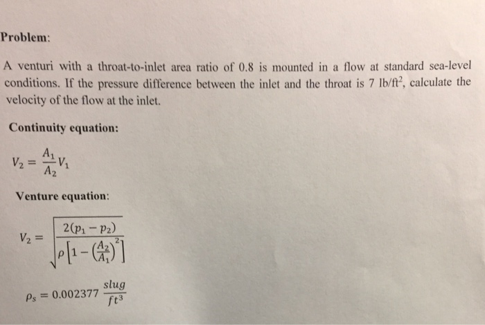 Solved A venturi with a throat-to-inlet area ratio of 0.8 is | Chegg.com