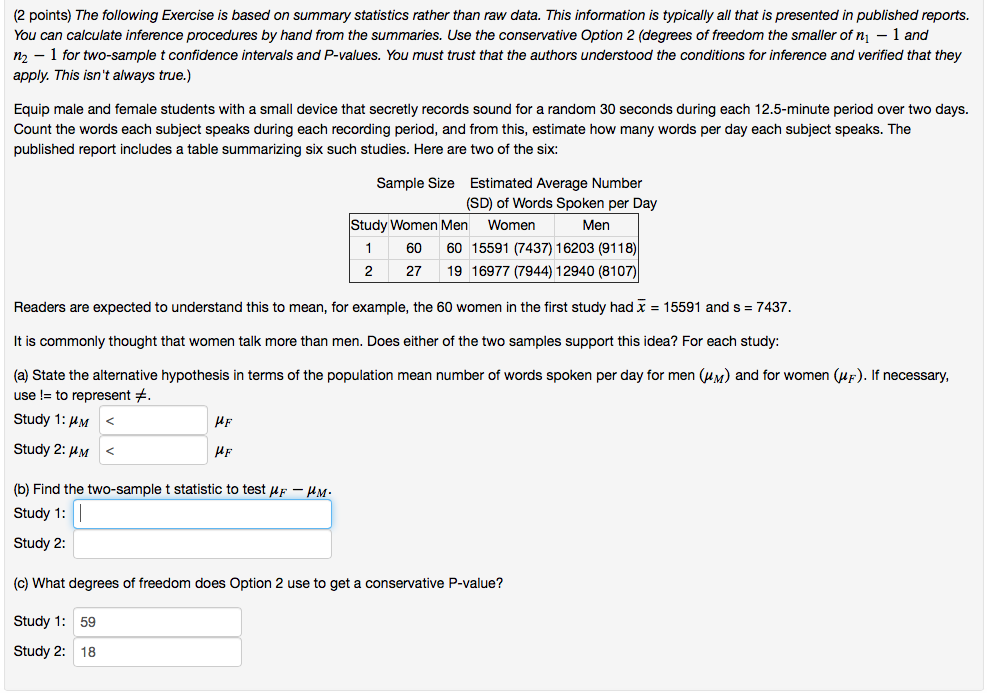 Solved The following Exercise is based on summary statistics | Chegg.com
