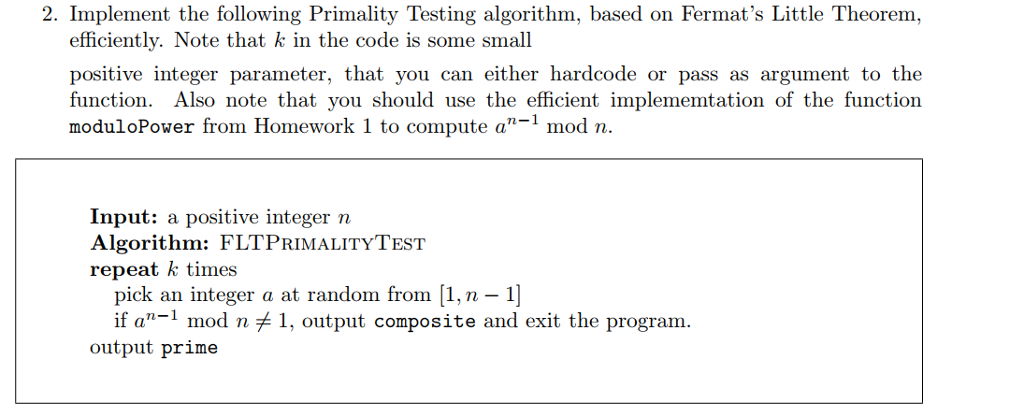 Question: implement Fermet's Little Theorem based | Chegg.com