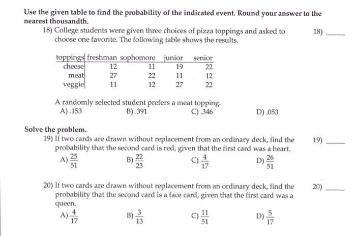 Solved Use the given table to find the probability of the | Chegg.com