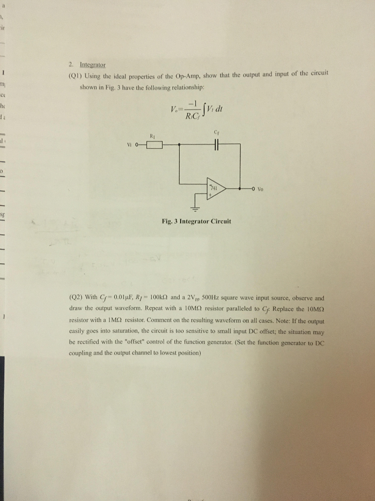 Solved ur 2. Integrator (O1) Using the ideal properties of | Chegg.com