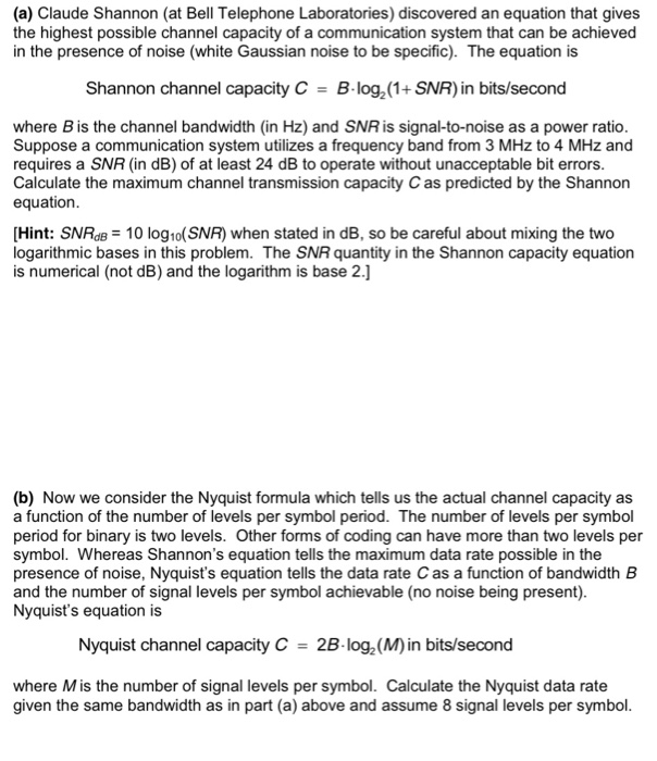Solved (a) Claude Shannon (at Bell Telephone Laboratories) | Chegg.com