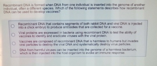 Solved Recombinant DNA is formed when DNA from one | Chegg.com