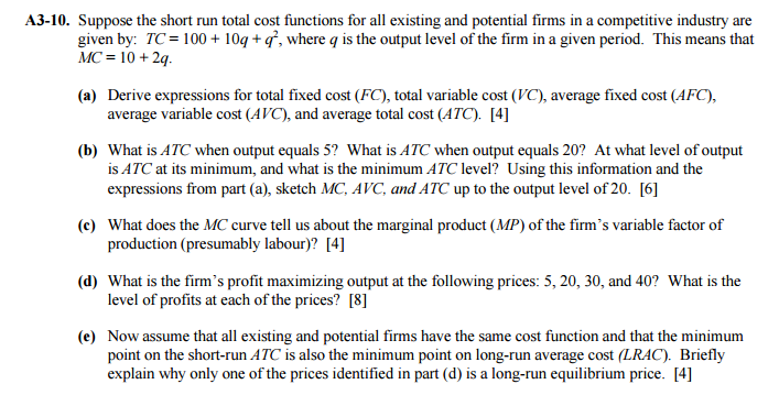 Solved A3-10. Suppose the short run total cost functions for | Chegg.com