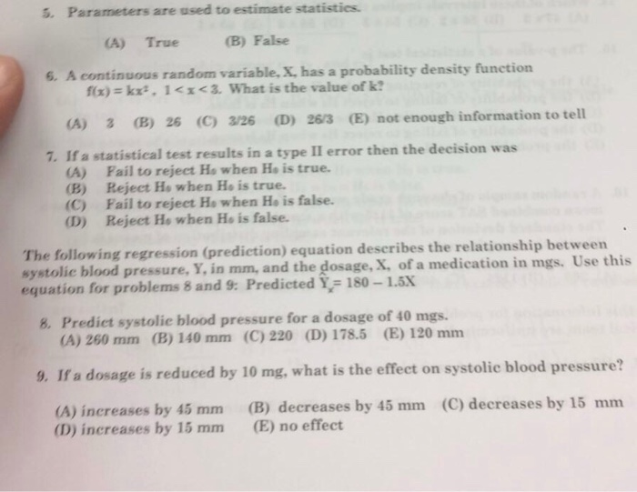 Solved Parameters Are Used To Estimate Statistics True