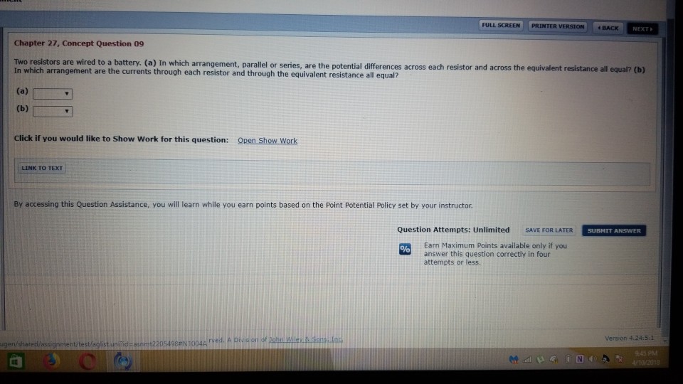 Solved FULL SCREEN PRINTER VERSTON " BACK NEXT Chapter 27, | Chegg.com