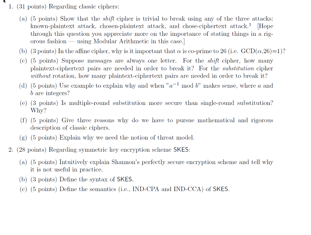 Solved 1. (31 points) Regarding classic ciphers: (a) (5 | Chegg.com