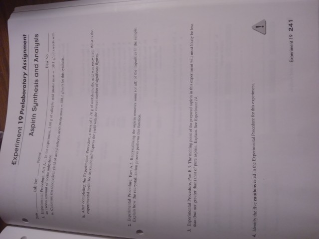 Solved Experi ment 19 Prelaboratory As signment Aspirin | Chegg.com