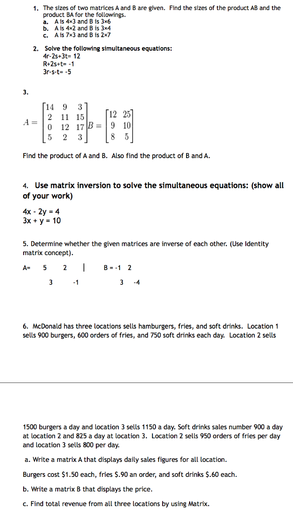 Solved The sizes of two matrices A and B are given. Find the | Chegg.com