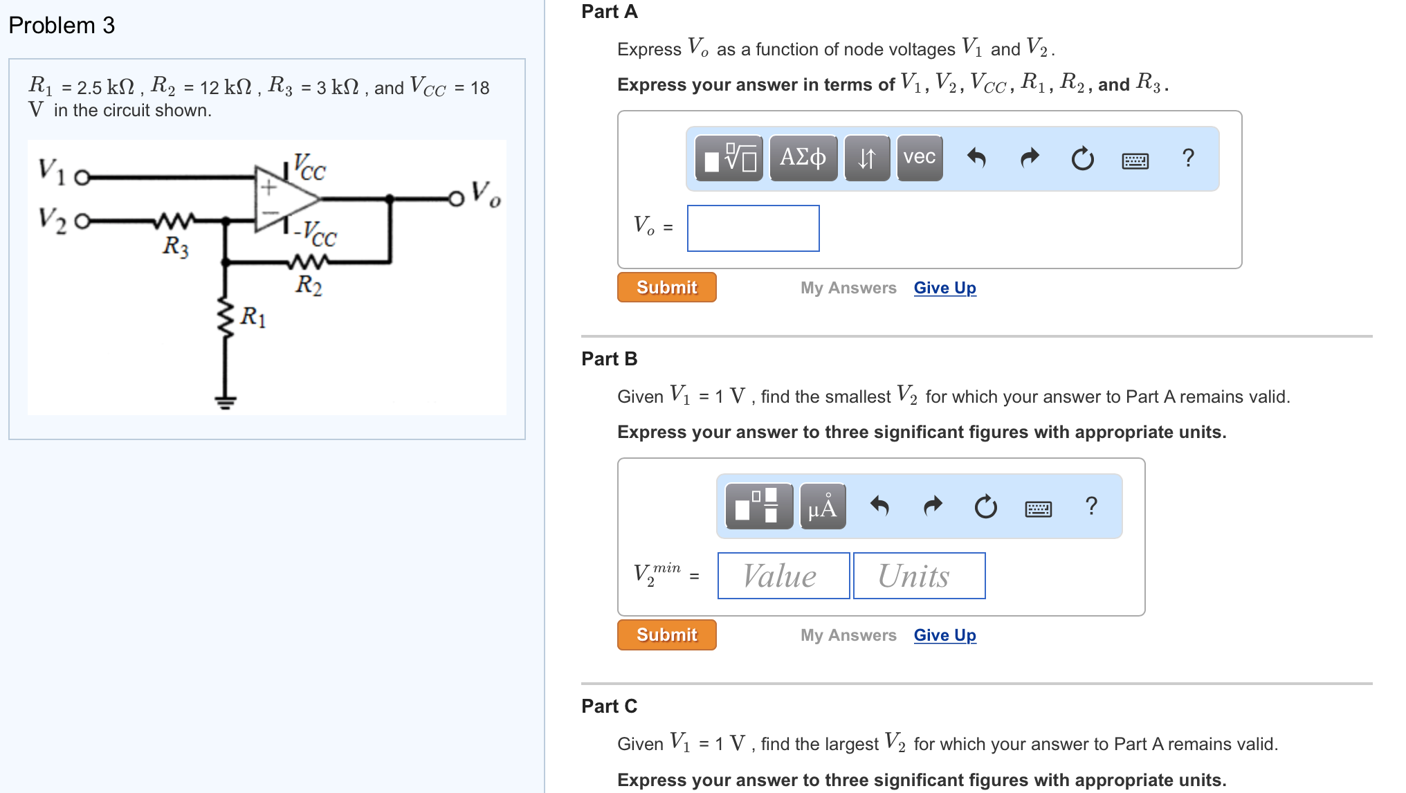 Solved R_1 = 2.5 kOhm, R_2 = 12 kOhm, R_3 = 3 kOhm, and V_cc | Chegg.com