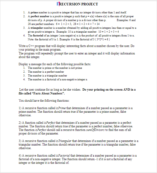 Solved RECURSION PROJECT 1. A prime number is a positive | Chegg.com