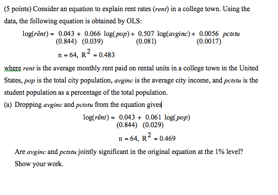 Solved Consider an equation to explain rent rates (rent) in | Chegg.com