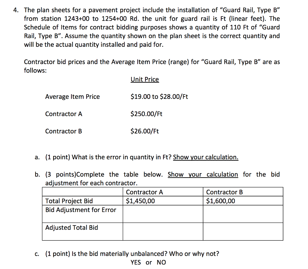 Solved 4. The plan sheets for a pavement project include the | Chegg.com