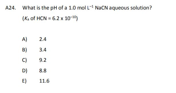 Solved What is the pH of a 1.0 mol L-1 NaCN aqueous | Chegg.com