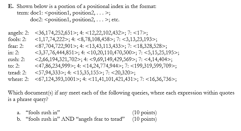 Solved E. Shown below is a portion of a positional index in | Chegg.com