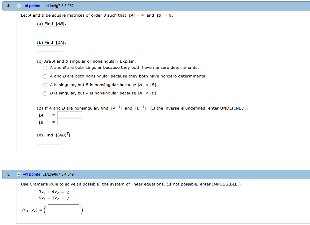Solved Let A and B be square matrices of order 3 such that | Chegg.com