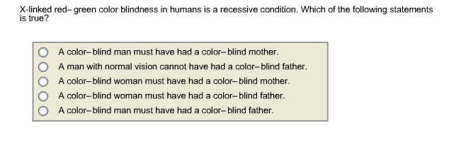 Solved X-linked red-green color blindness in humans is a | Chegg.com