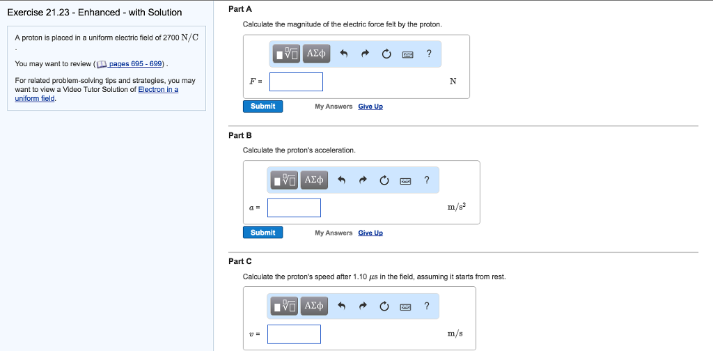 Solved A proton is placed in a uniform electric field of | Chegg.com