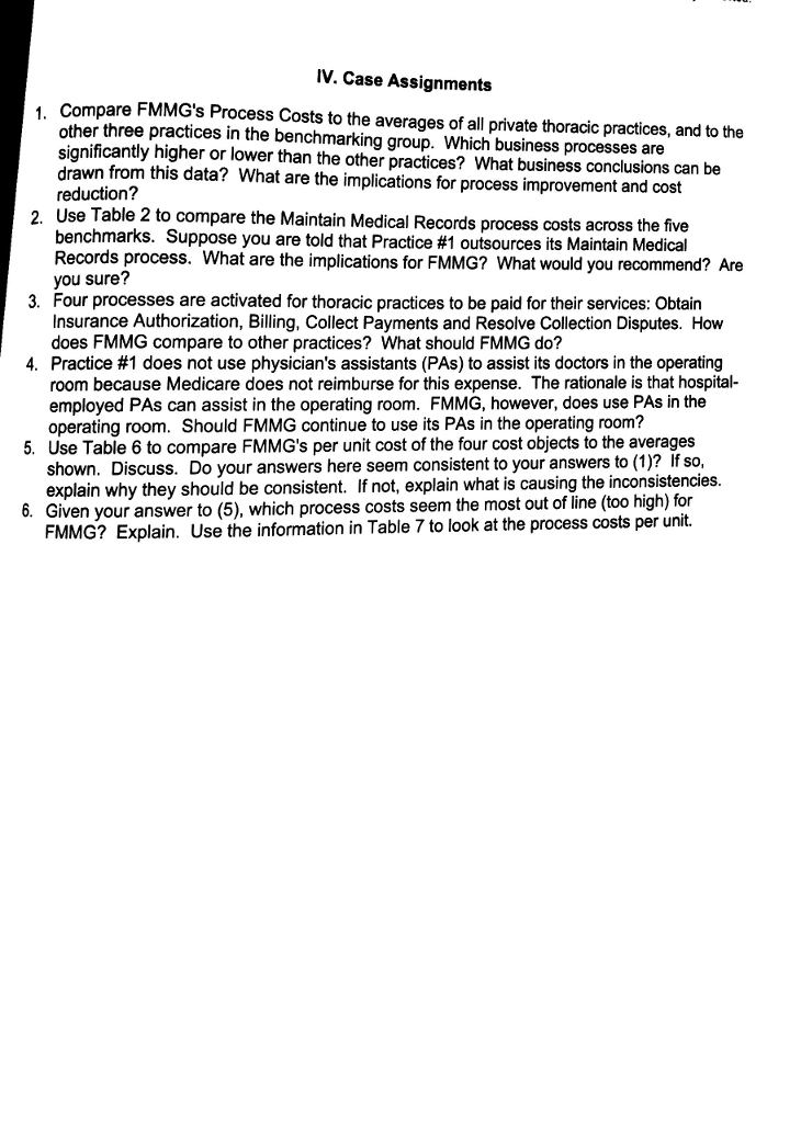 Solved IV. Case Assignments Compare FMMG's Process Costs to | Chegg.com