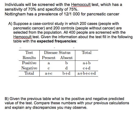 Solved Individuals will be screened with the Hemoccult test, | Chegg.com