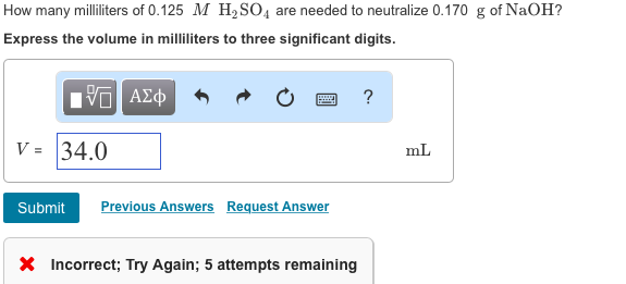 Solved How many milliliters of 0.125 M H2SO4 are needed to | Chegg.com