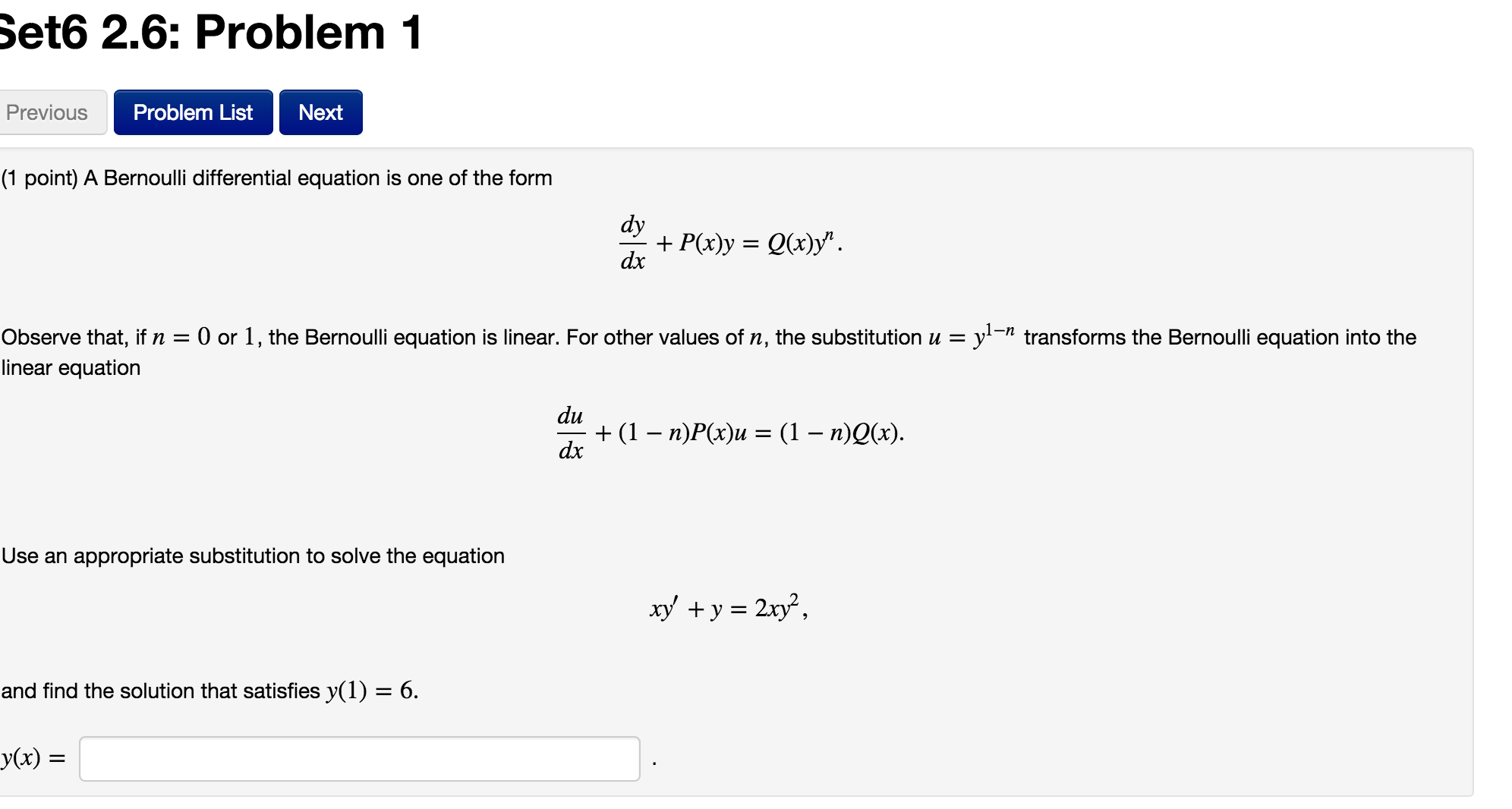 Solved A Bernoulli Differential Equation Is One Of The Form Chegg