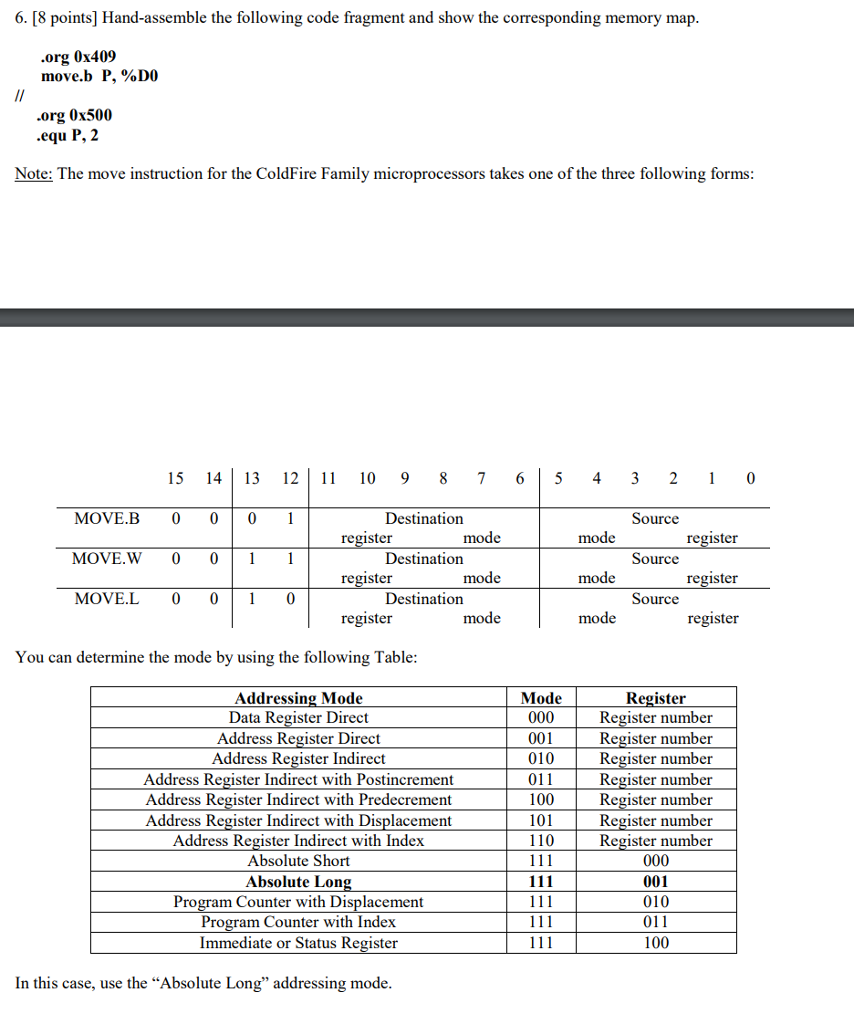 Solved 6. [8 points] Hand-assemble the following code | Chegg.com