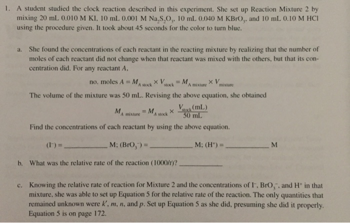 Solved A student studied the clock reaction described in | Chegg.com