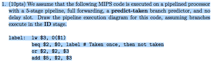 Solved We assume that the following MIPS code is executed on | Chegg.com