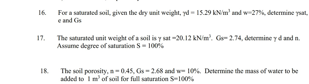 Solved For a saturated soil, given the dry unit weight. Td = | Chegg.com
