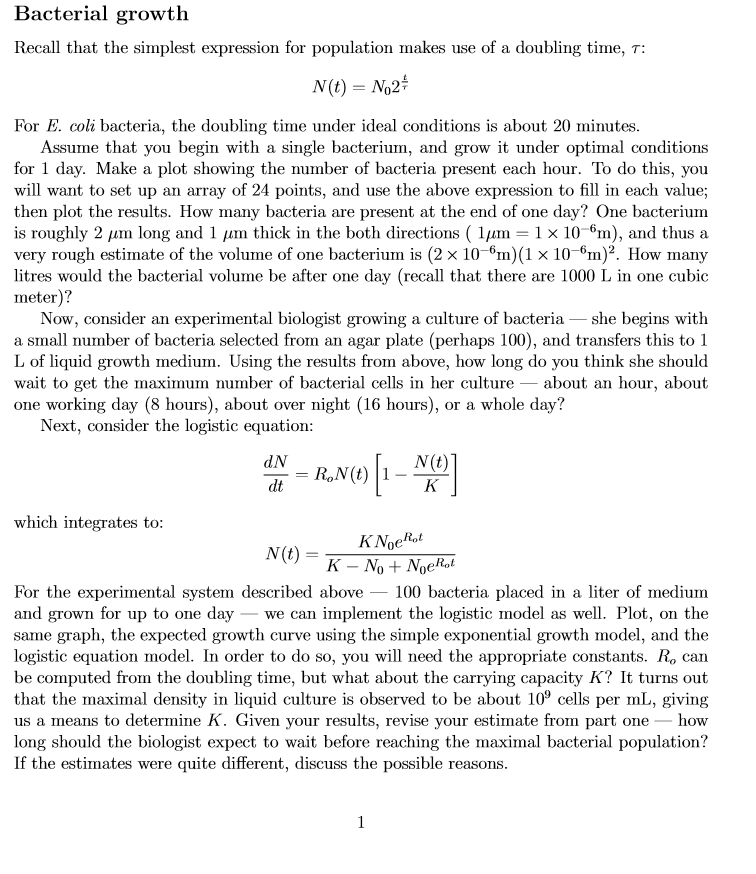 Solved Bacterial growth Recall that the simplest expression | Chegg.com