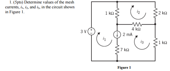Solved 1. (5pts) Determine values of the mesh currents, i, | Chegg.com