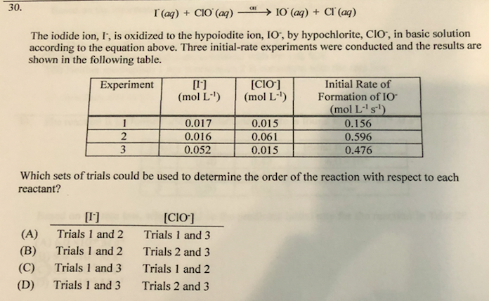 Solved 30. The iodide ion, I, is oxidized to the hypoiodite | Chegg.com