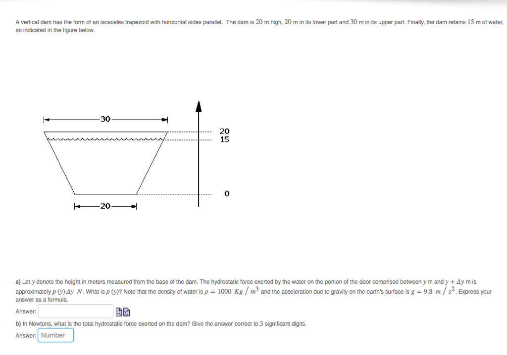 Solved A vertical dam has the form of an isosceles trapezoid | Chegg.com