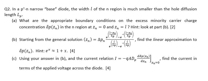 Solved In a p+ - n narrow "base: diode, the width L of the n | Chegg.com