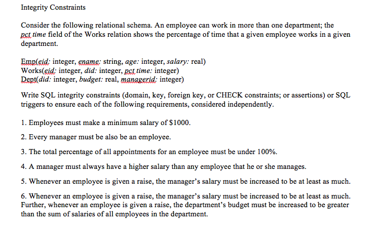 Solved Integrity Constraints Consider the following | Chegg.com