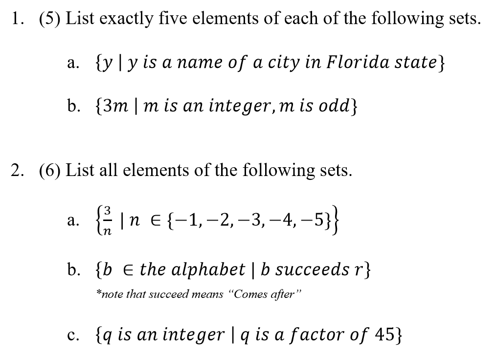 Solved 1. (5) List exactly five elements of each of the | Chegg.com