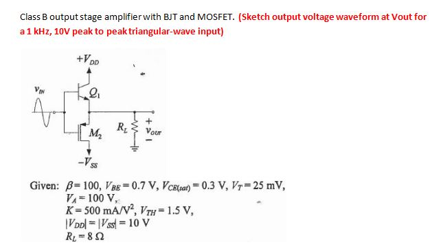 Solved Class B output stage amplifierwith BJT and MOSFET. | Chegg.com